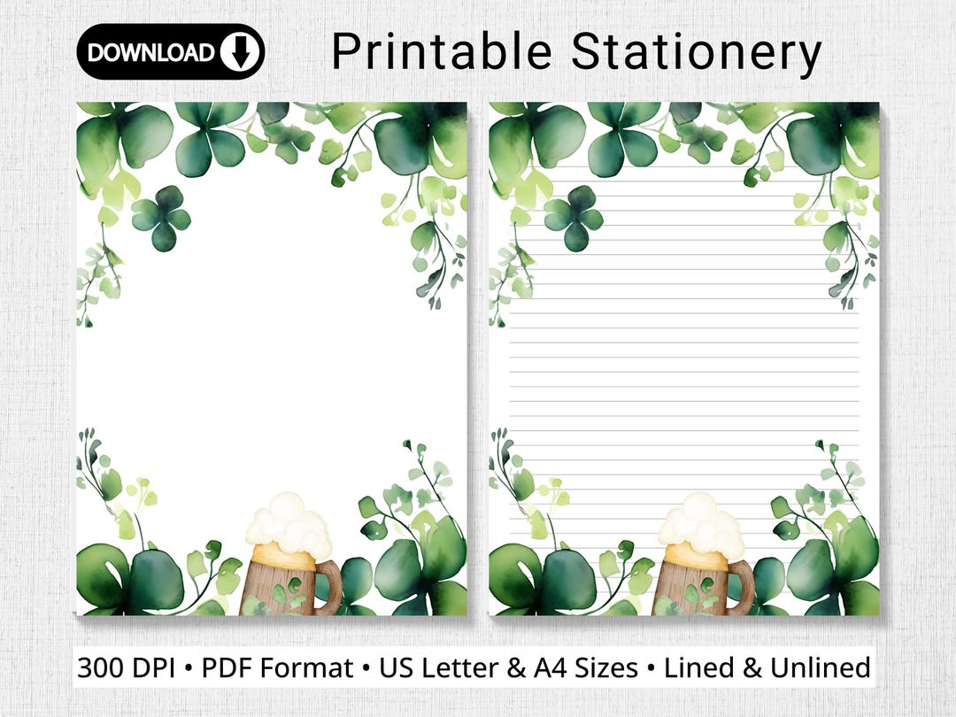 St. Patrick's Day Letter Writing Paper, Shamrocks and Beer, Printable ...