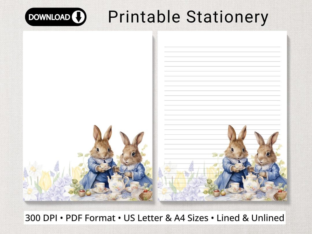 Easter Stationery, Bunny Tea Party, Letter Writing Set, Lined & Unlined ...