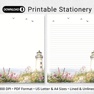 Writing Paper, Coastal Lighthouse, Beach Stationery, Lined & Unlined ...