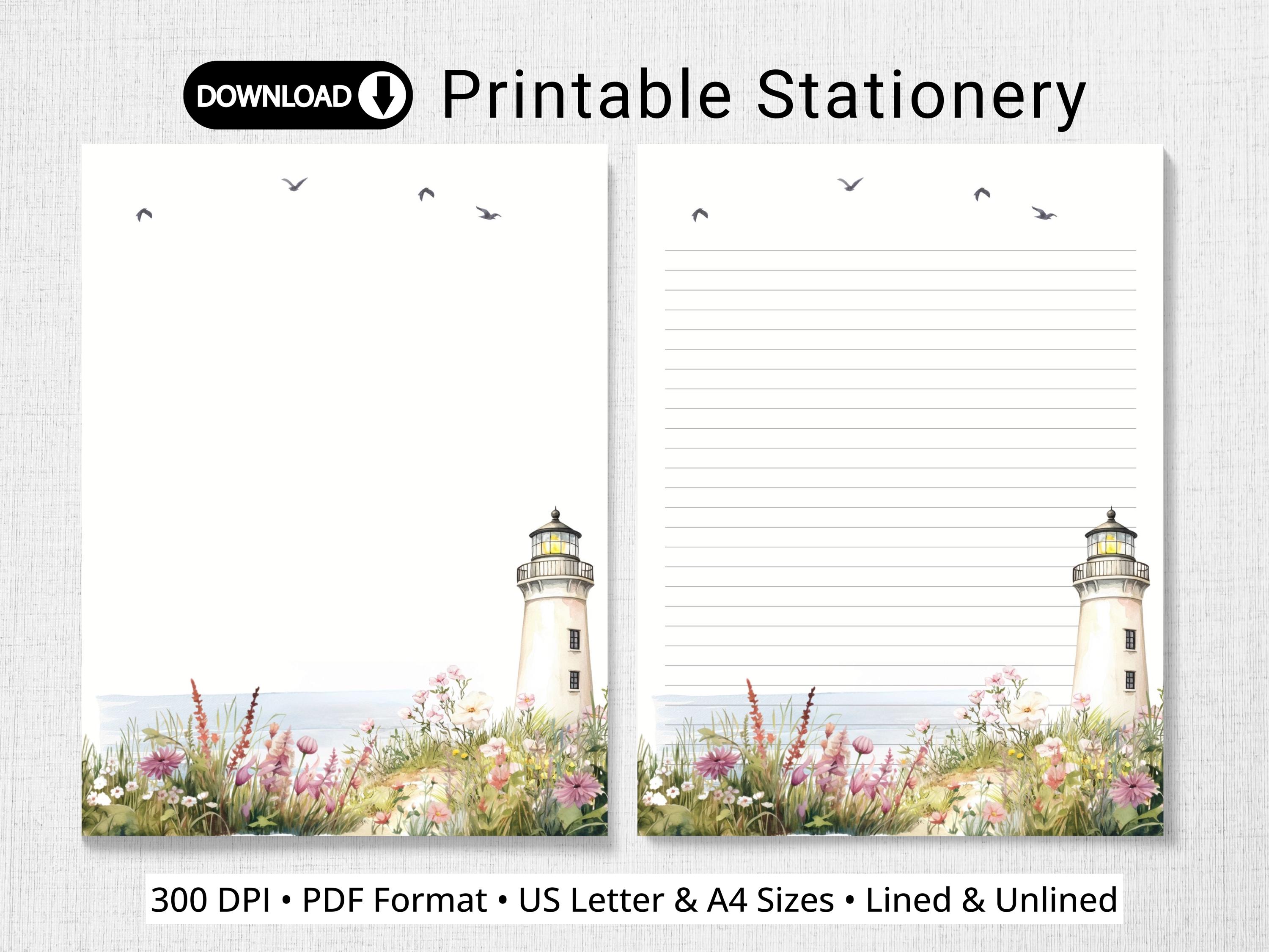 Writing Paper, Coastal Lighthouse, Beach Stationery, Lined & Unlined ...