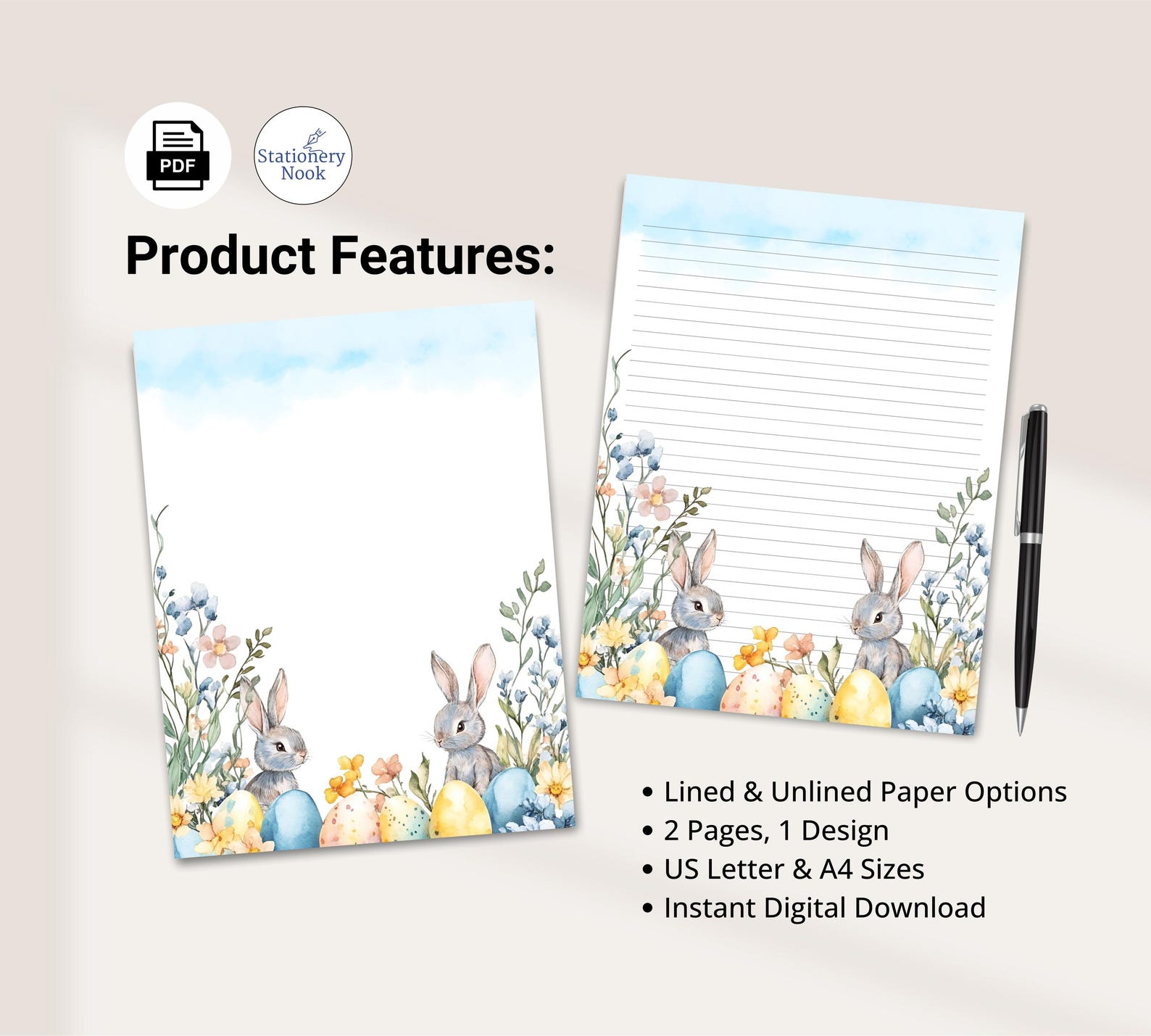 Easter Stationery, Easter Bunnies, Letter Writing Set, Lined & Unlined ...