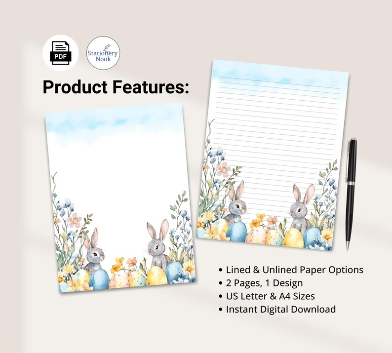 Easter Stationery, Easter Bunnies, Letter Writing Set, Lined & Unlined ...