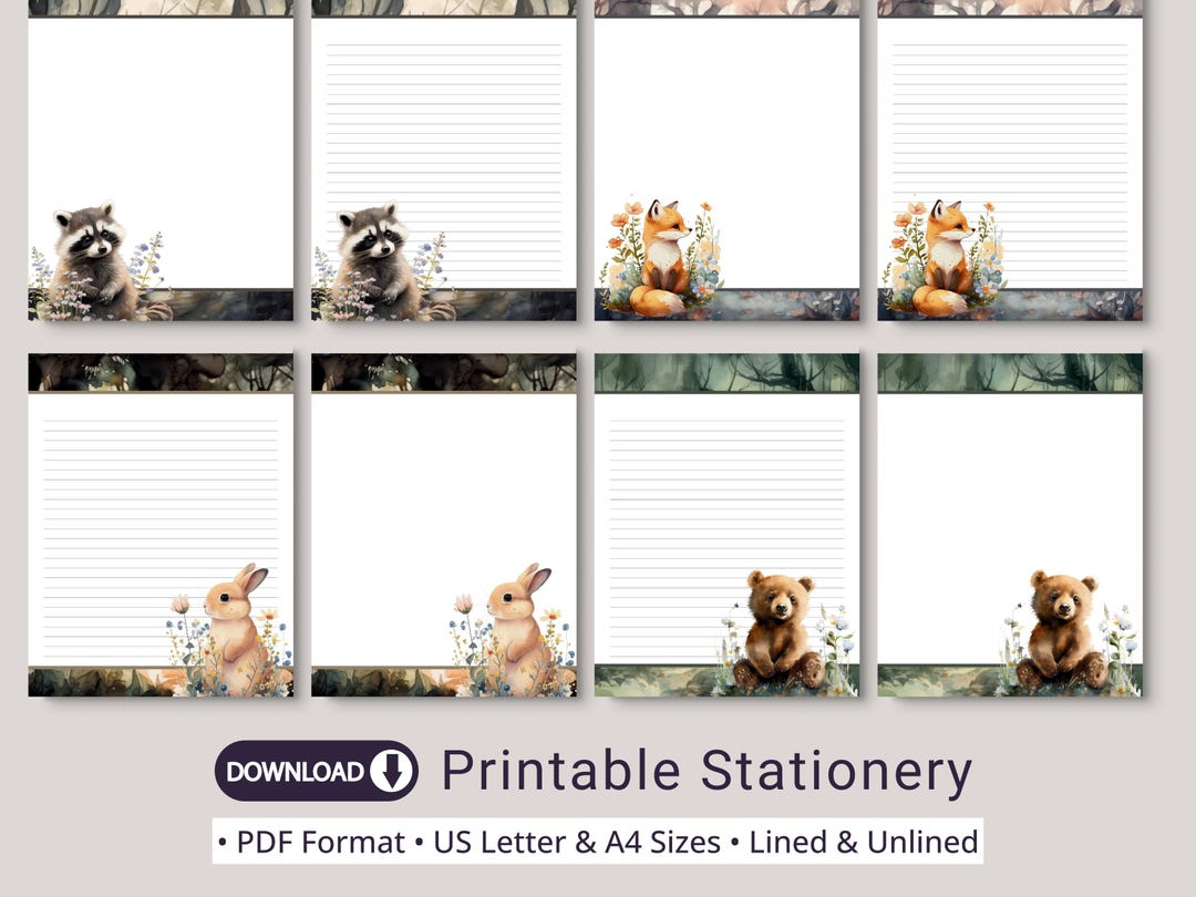 Writing Paper Set, Woodland Animals, Lined & Unlined Note Paper, Pen ...