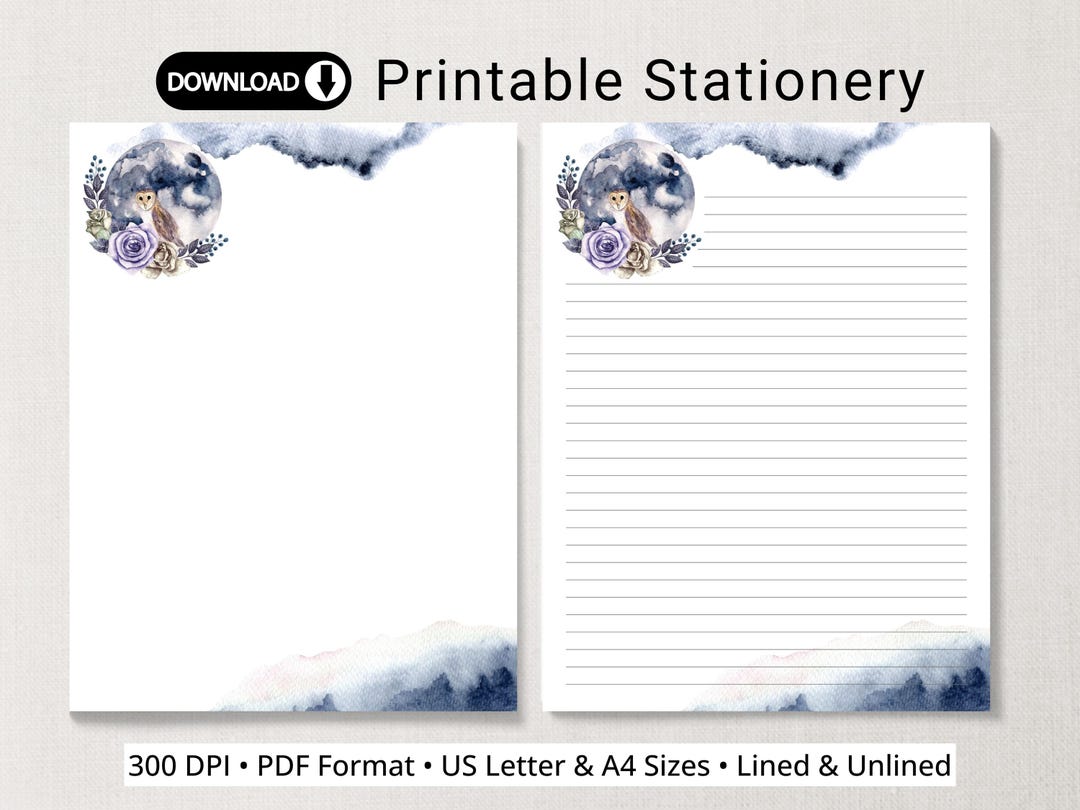 Writing Paper, Owl and Moon, Cozy Fantasy Printable Stationery, Lined ...