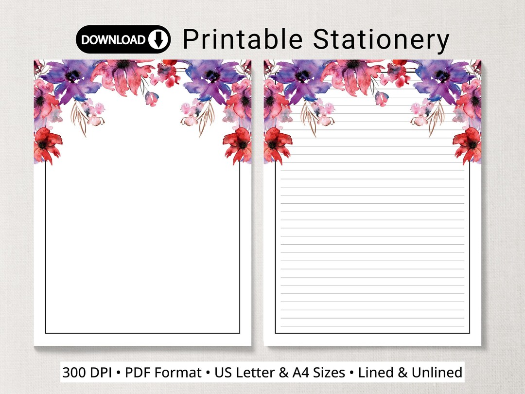 Floral Writing Paper Printable, Pink and Purple Flower Border ...