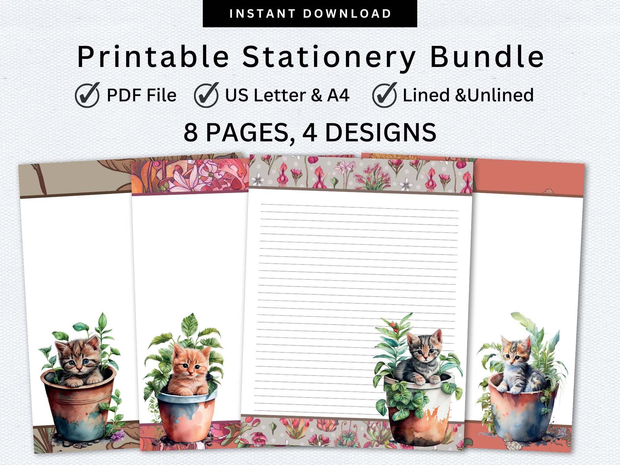 Stationery Set, Cute Cats, Letter Writing Paper, Watercolor Design ...