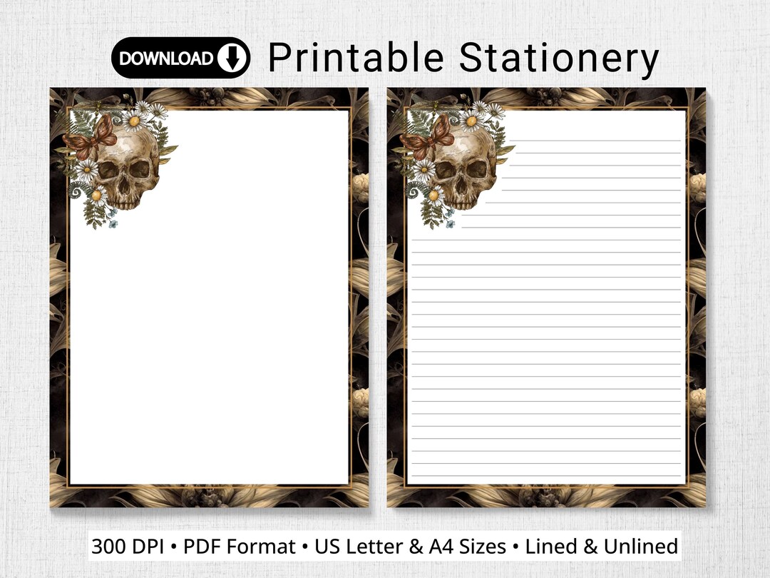 Writing Paper, Gothic Skull, Dark Fantasy Stationery, Lined & Unlined ...