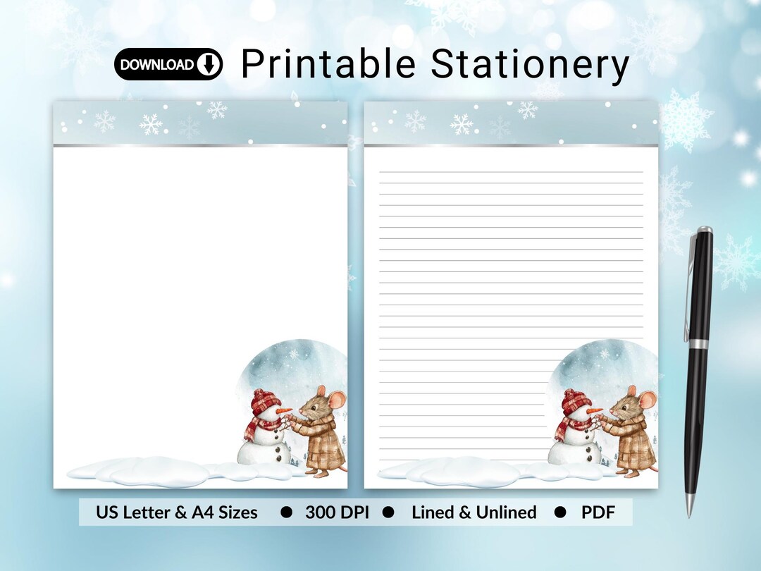 Mouse and Snowman, Letter Writing Paper, Printable Winter Stationery ...