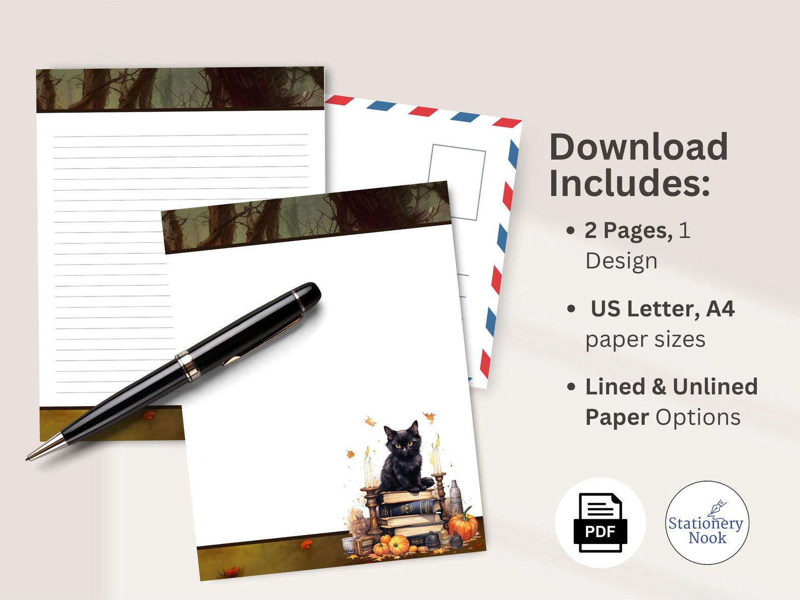 Stationery Set, Black Cat, Letter Writing Paper, Halloween Theme ...
