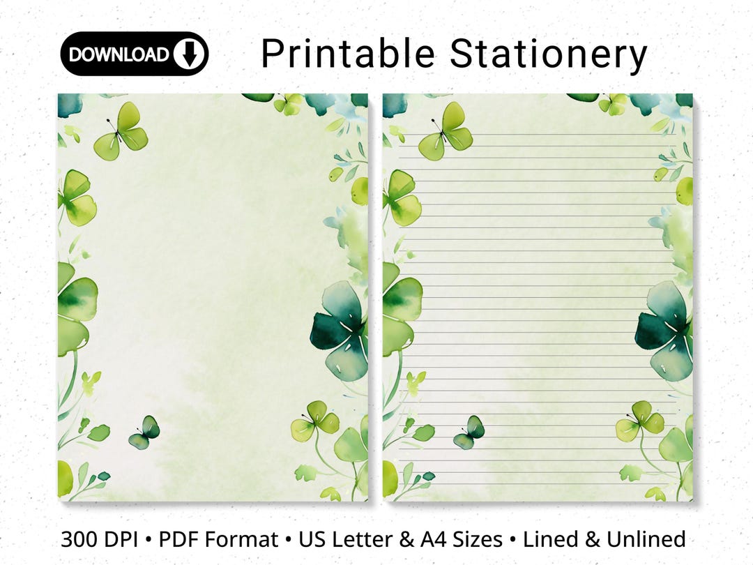 St. Patrick's Day Writing Paper, Clover Border, Lined & Unlined Note ...
