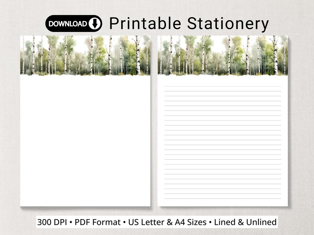 Writing Paper, Birch Trees, Printable Forest Stationery, Lined ...