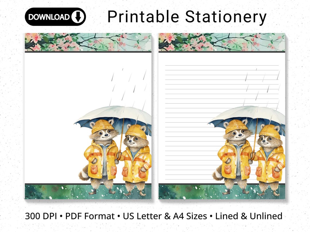 Letter Writing Paper, Cute Raccoon, Cozy Rainy Day, Printable Spring ...