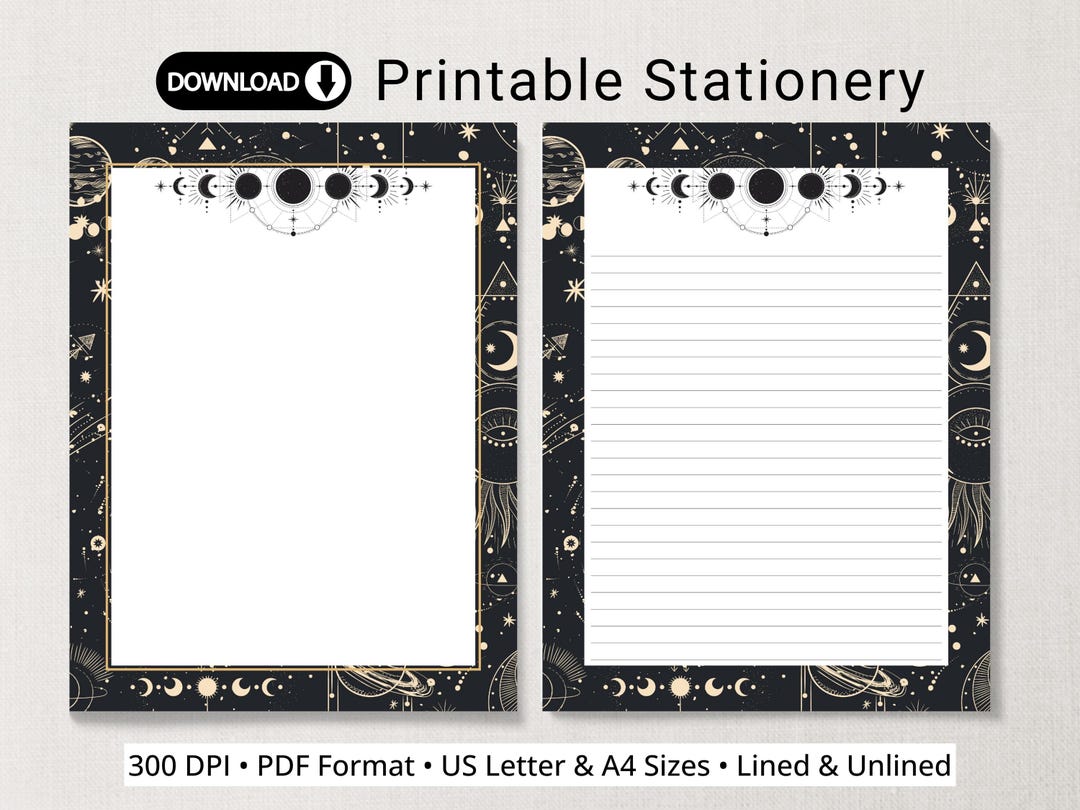 Writing Paper, Moon Phases Printable Celestial Stationery, Lined ...