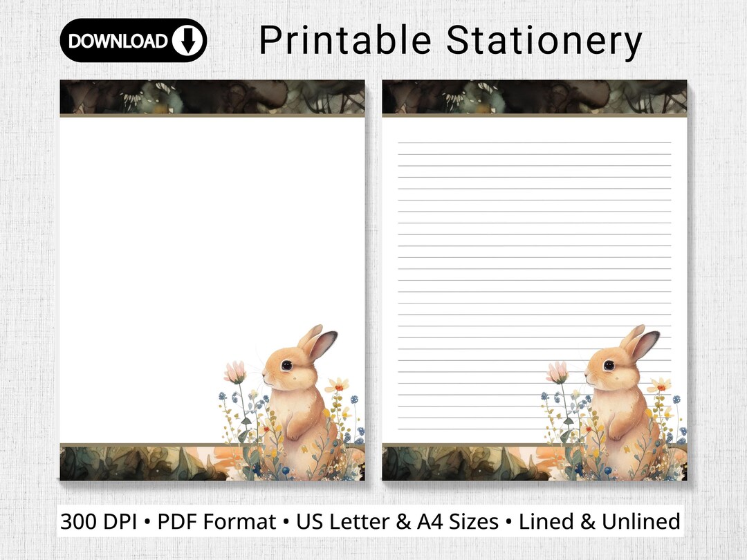 Cute Bunny, Letter Writing Paper, Printable Animal Stationery, A4 & US ...