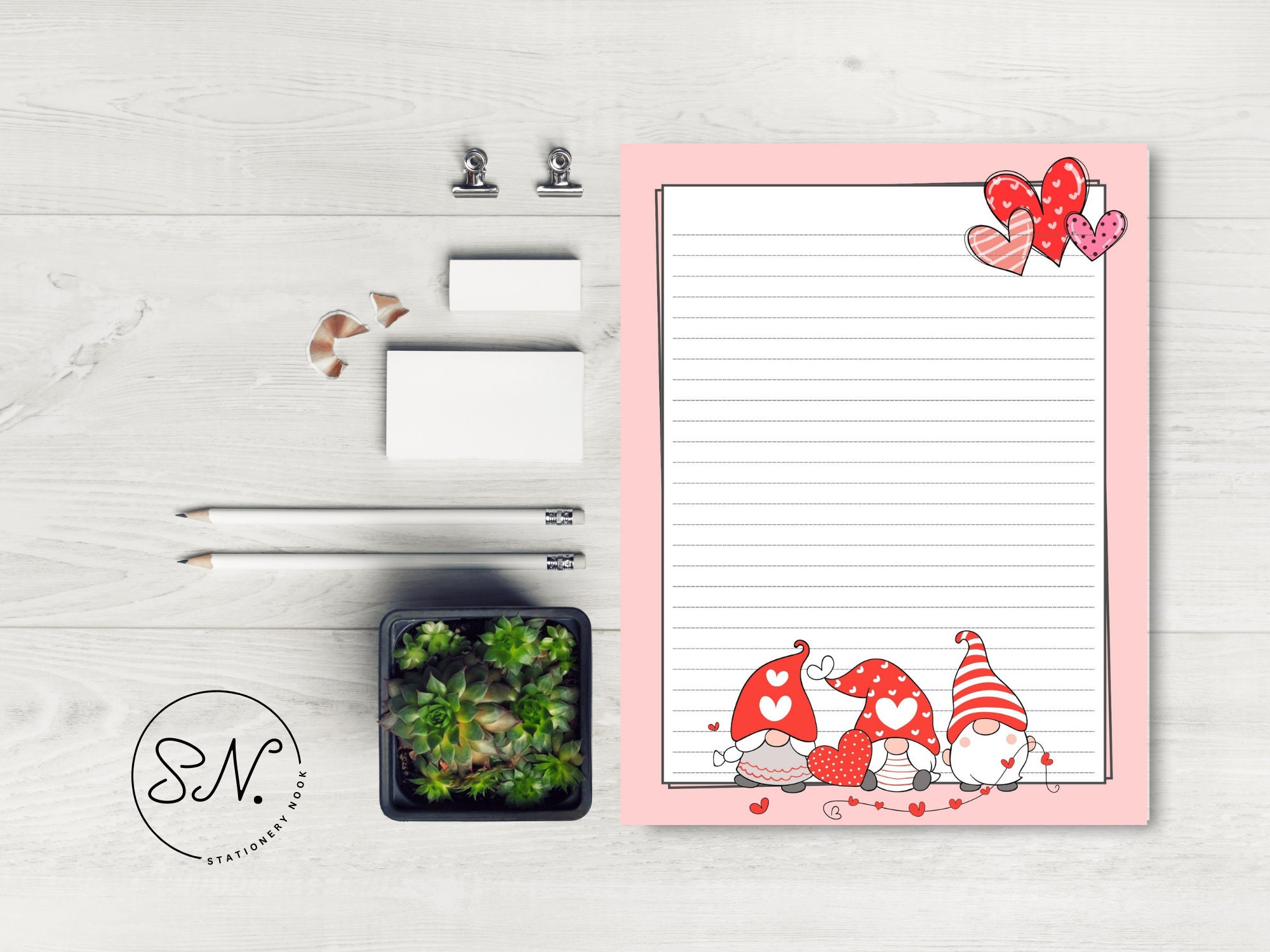 Cute Gnome Valentine Stationery, Letter Writing, Lined and Unlined Note ...