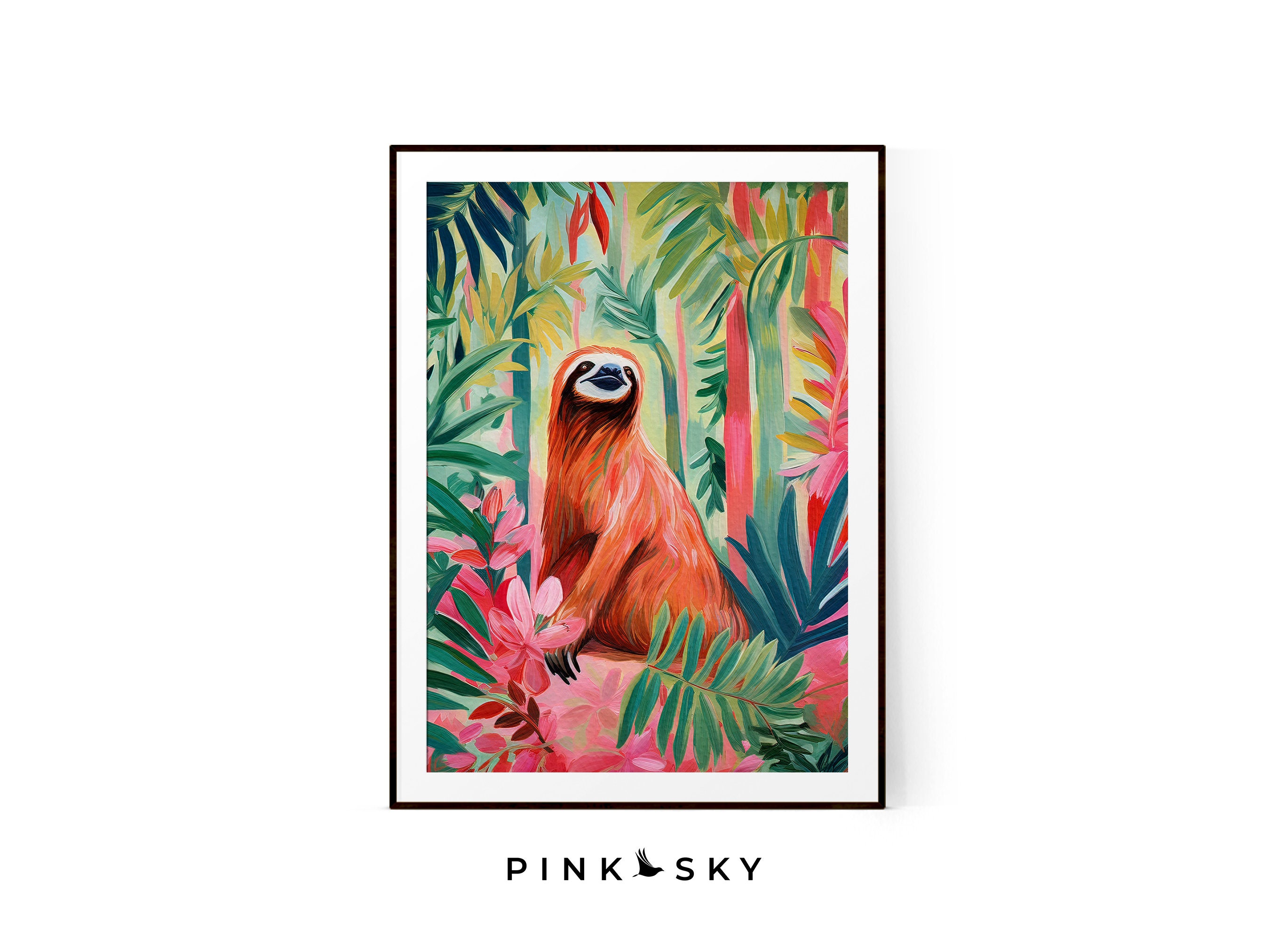 Smiling Sloth With Tropical Pink Orchids, Green Ferns and Bamboo ...