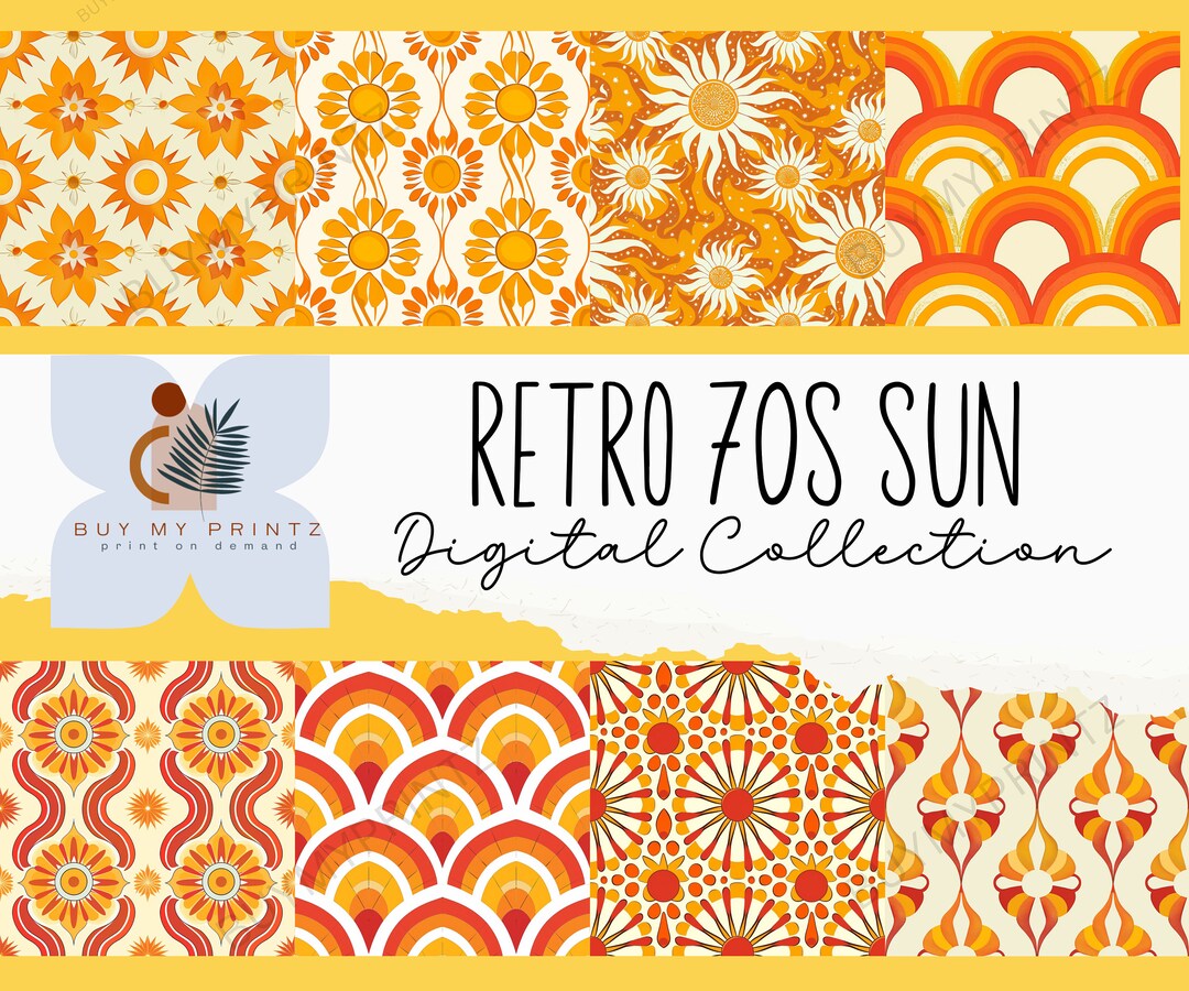32 Retro Sun 2 & Flower Digital Paper Set, Sun Pattern, Yellow Retro ...