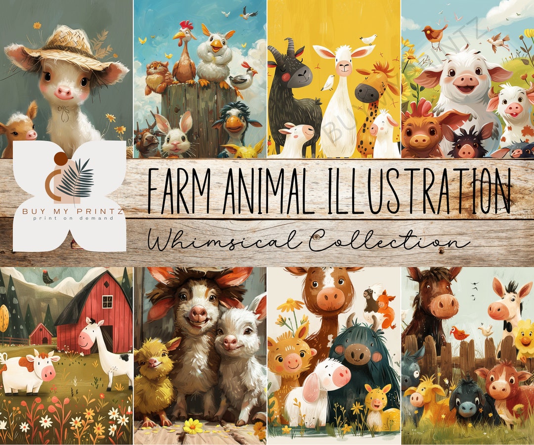 Whimsical Farm Animal Illustrations, 24 PNG Prints, Digital Download ...