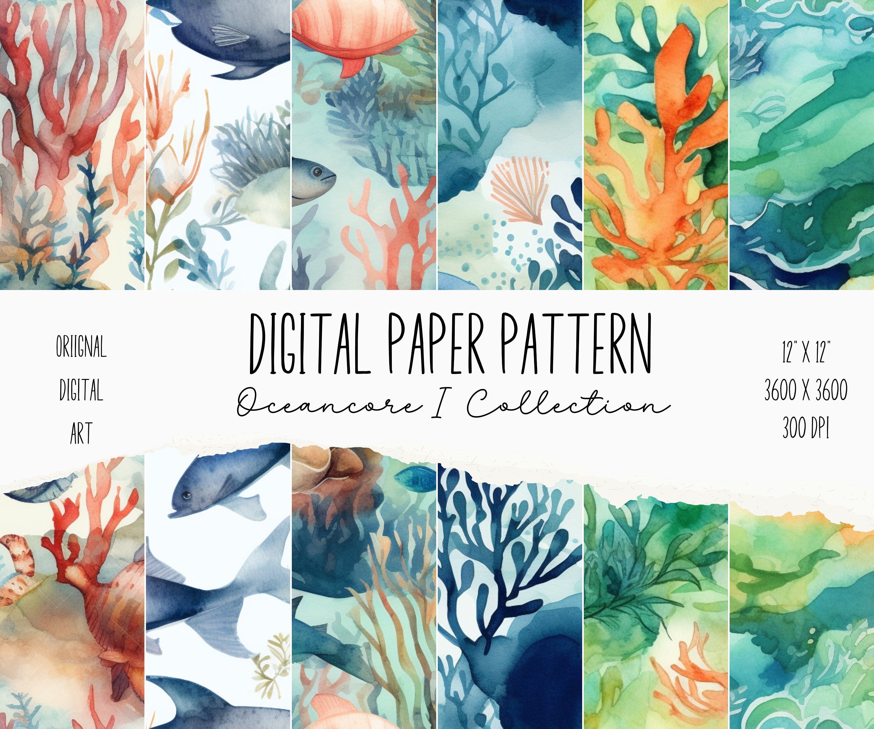 Oceancore Floral Pattern Digital Paper Set, Ocean Pattern, Ocean ...