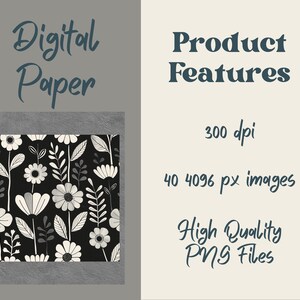 In My Seamless Black and White Boho Floral Digital Paper Set, Flower ...