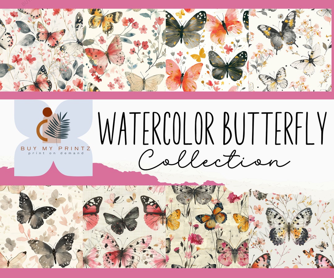 Watercolor Butterfly & Flowers Digital Papers, Instant Digital Download ...