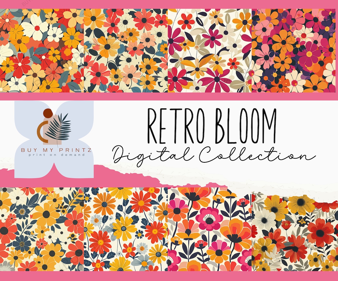 Retro Bloom Floral Pattern Digital Paper Set, Retro 70s Hippie Pattern ...