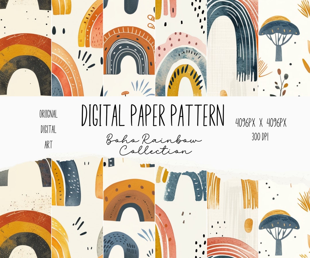 Boho Rainbow Pattern Digital Paper Set, Rainbow Seamless, Boho Rainbow ...