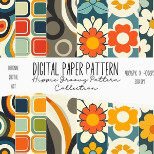 Retro Groovy Pattern Digital Paper Set, Retro 70s Hippie Pattern, 70s ...