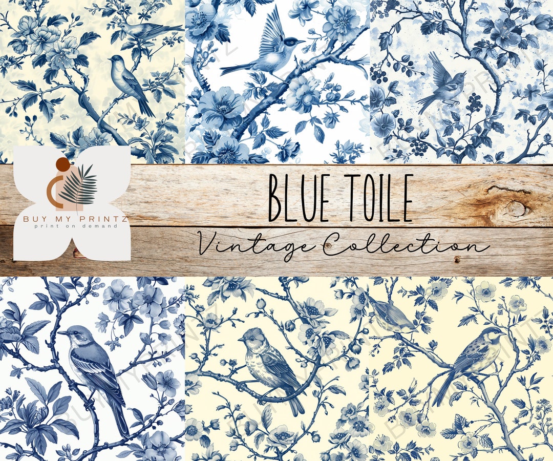Navy Blue Toile, 12 Digital Paper Pack, French Blue Toile Floral Papers ...