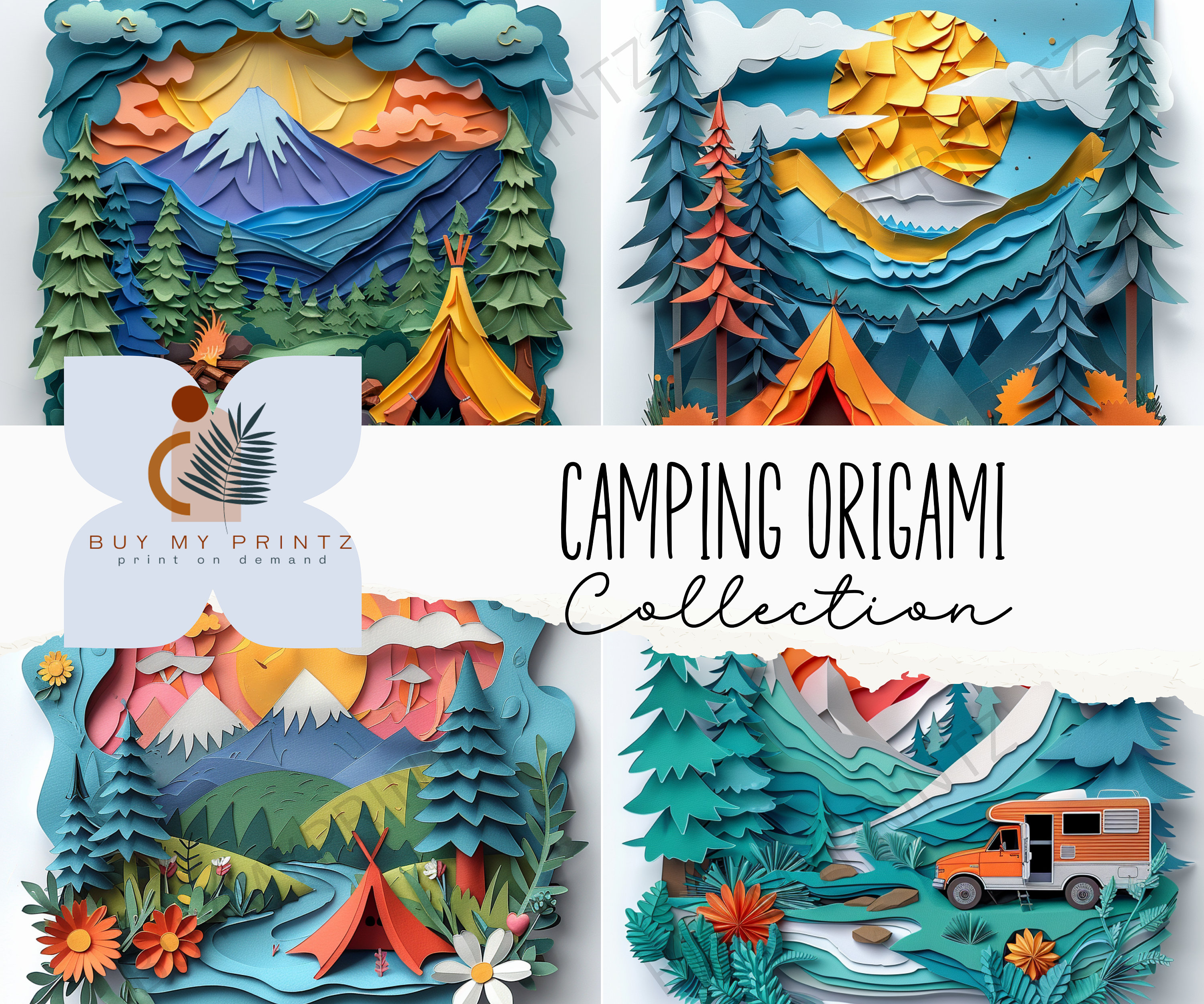 Origami Camping Collection Clipart, 32 PNG Mountain Landscape Clipart ...