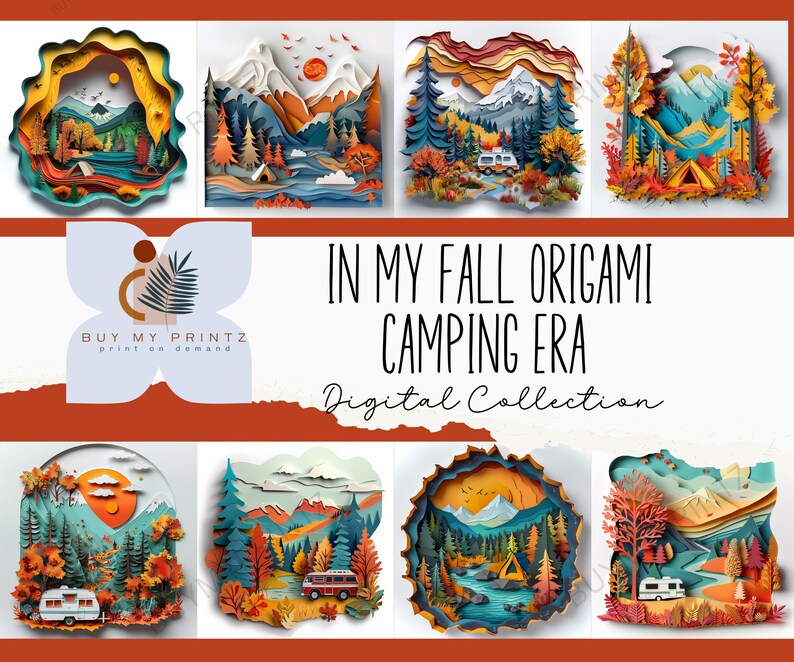 28 Fall Origami Camping Digital Papers, Autumn Downloadable PNG Set ...