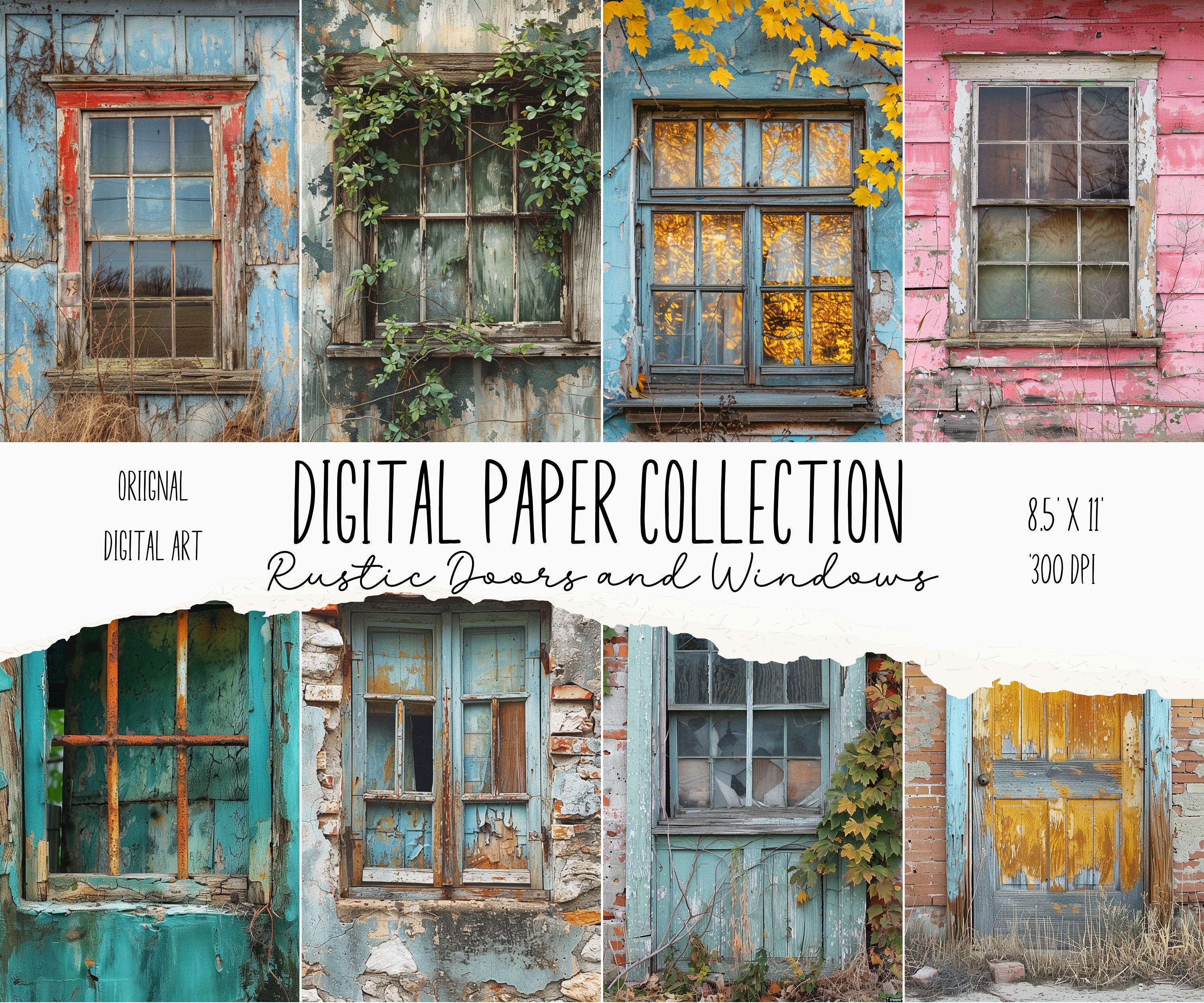 Rustic Doors and Windows Background Papers Vintage Window Digital Print ...