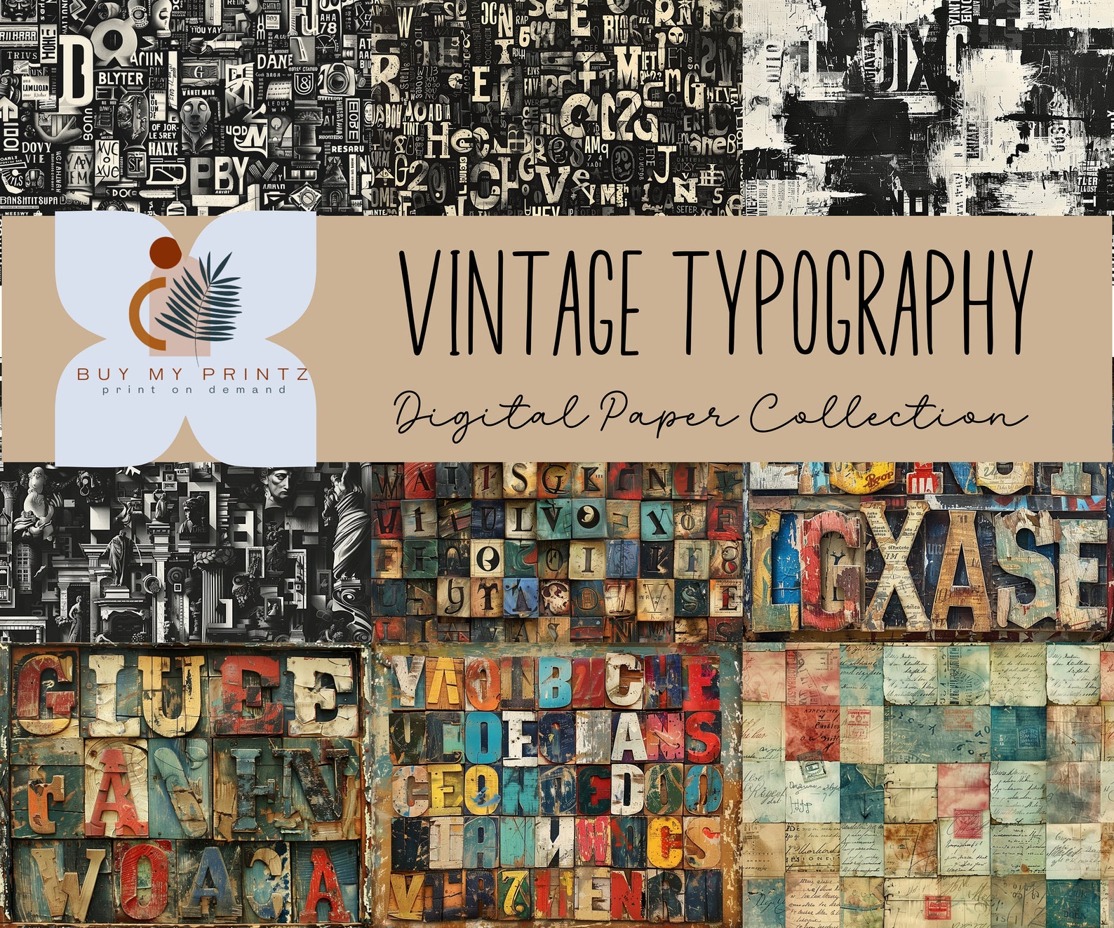 Vintage Typography Collage Papers, 10 Grunge Style PNG Printable, CU ...