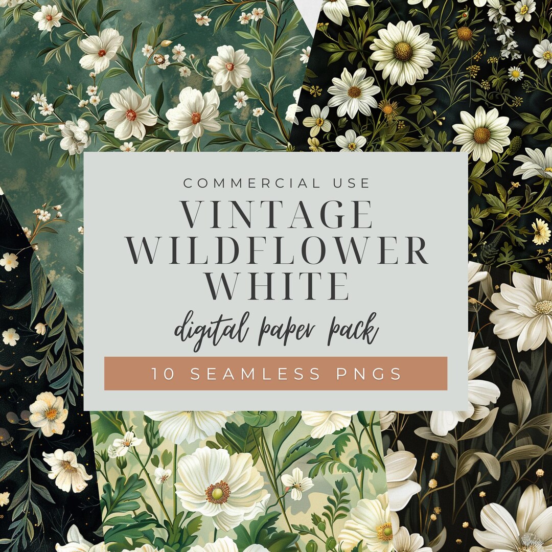 Classic White Floral Printable Paper Retro Garden Floral Digital Pack ...