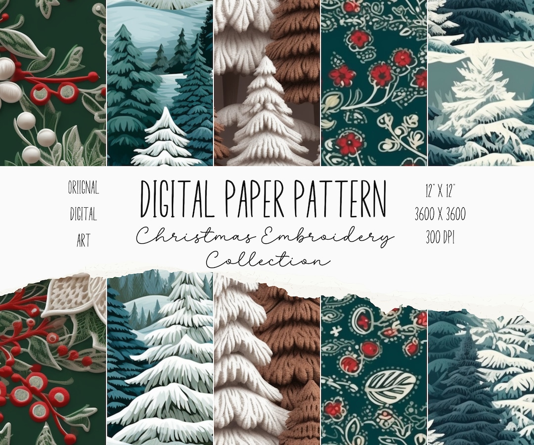Christmas Embroidery Digital Paper, Xmas Florals PNG, Holiday Theme ...