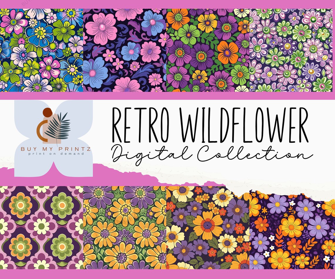 Retro 70s Wildflowers II Digital Paper Set, Retro Flowers Pattern ...