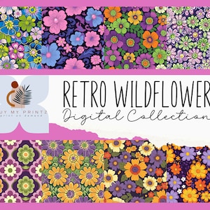 Retro 70s Wildflowers II Digital Paper Set, Retro Flowers Pattern ...