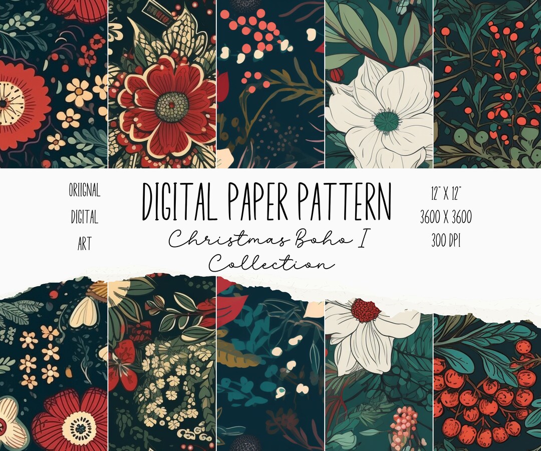 Christmas Boho I Floral Digital Paper, Xmas Botanicals PNG, Christmas ...