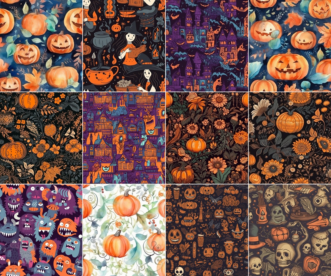 24 Halloween Seamless Digital Paper Set, Pumpkins Fall Pattern, Haunted ...