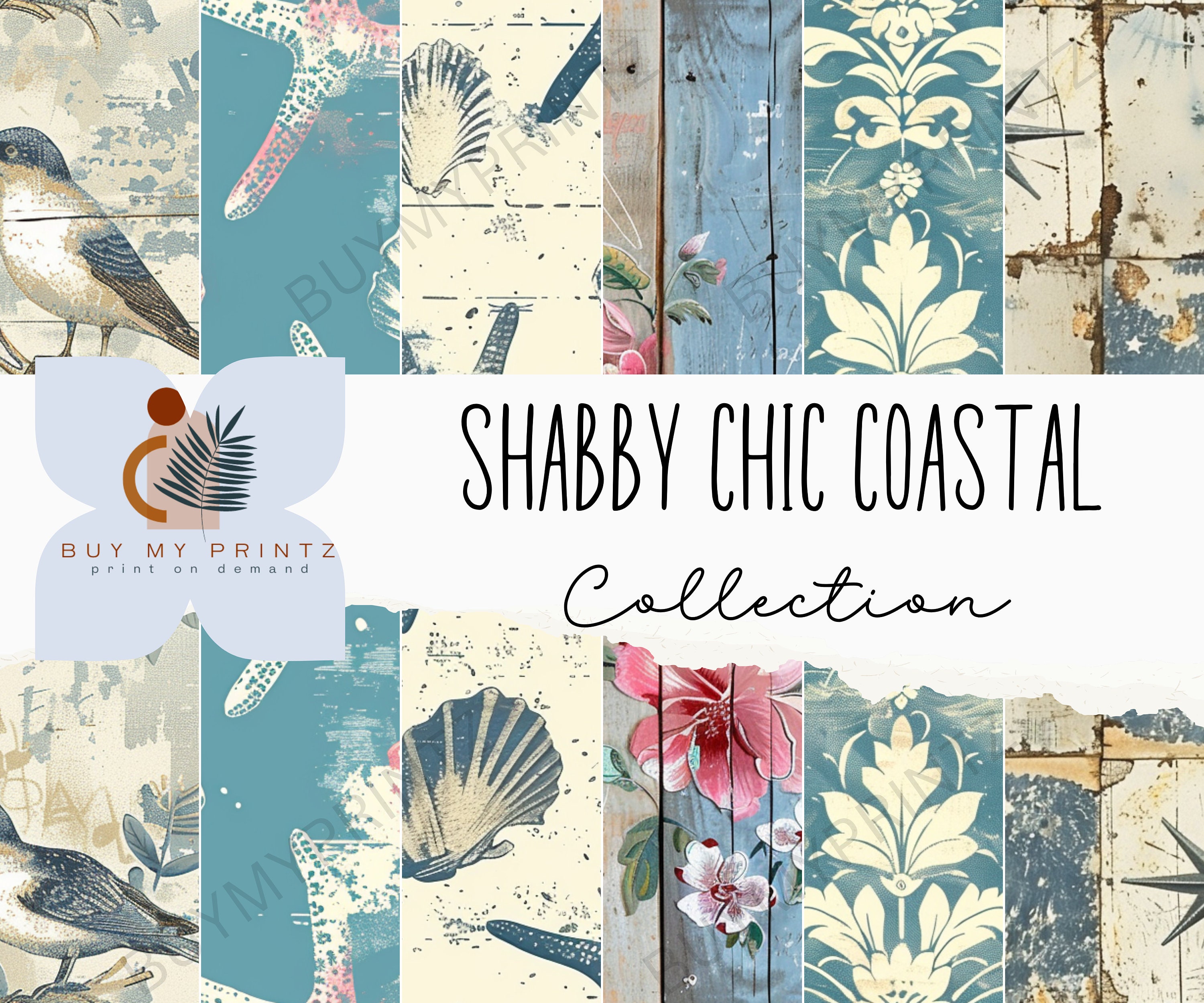 24 Shabby Chic Coastal Watercolor Digital Paper Seamless Shabby Chic ...