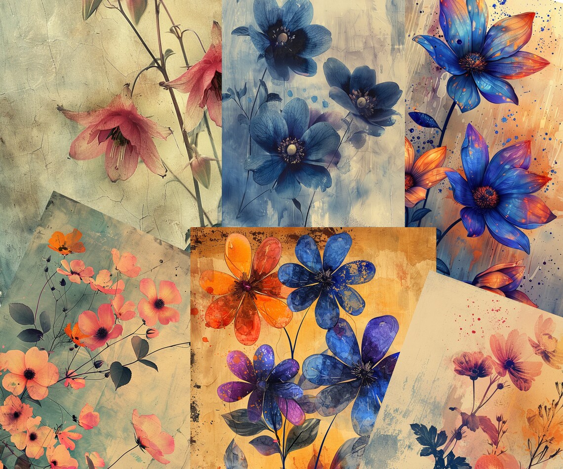 24 Whimsical Grunge Flower Images, Mixed Media Watercolor Spring ...