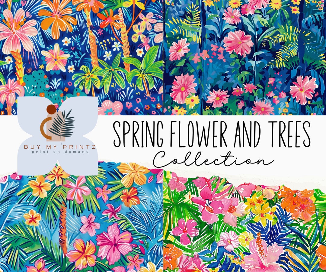 Preppy Inspired Floral & Trees Digital Paper, Seamless Flowers Pattern ...