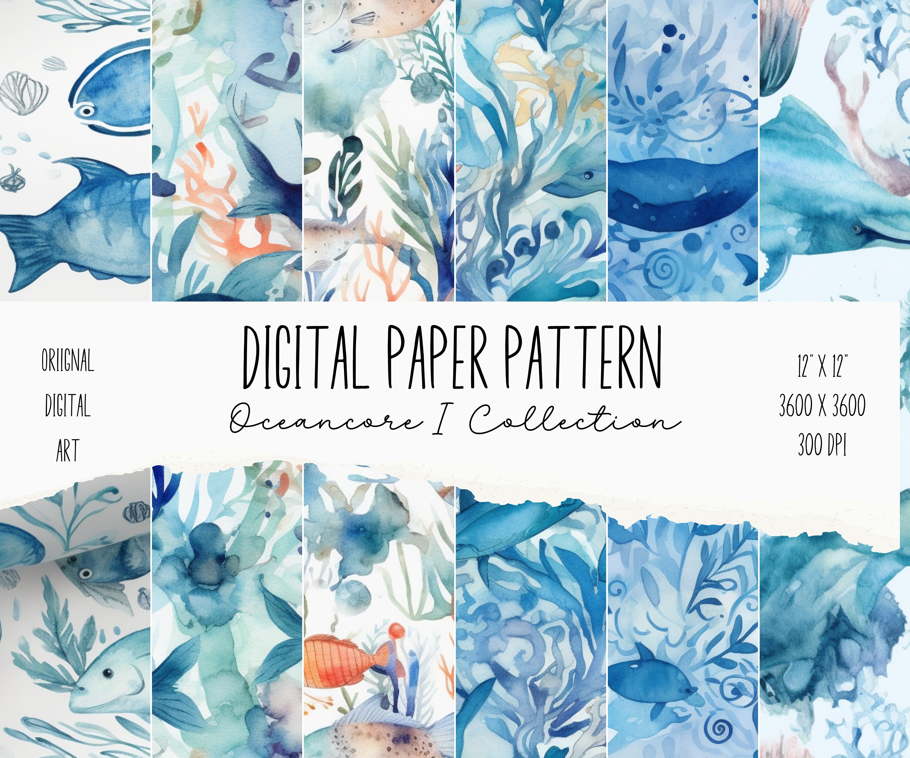 Oceancore Floral Pattern Digital Paper Set, Ocean Pattern, Ocean ...