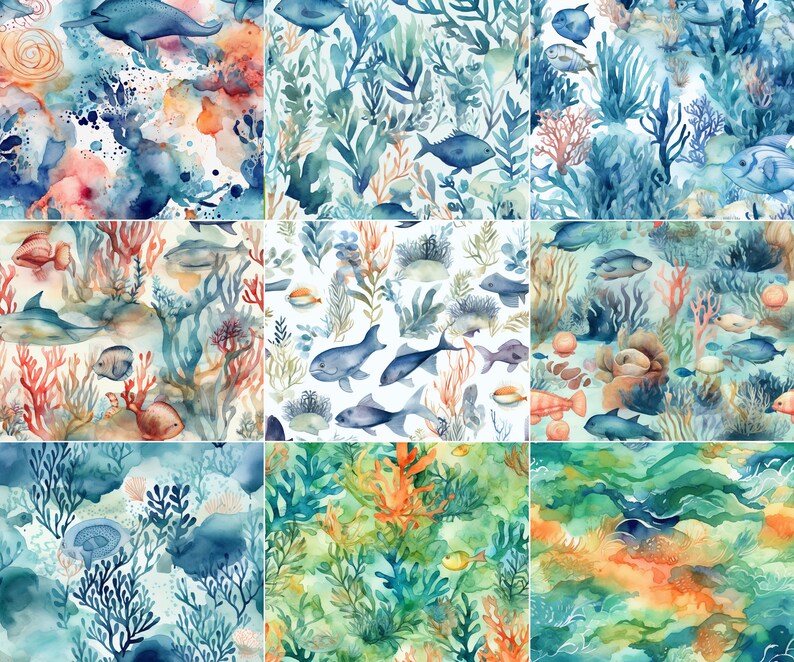 Oceancore Floral Pattern Digital Paper Set, Ocean Pattern, Ocean ...