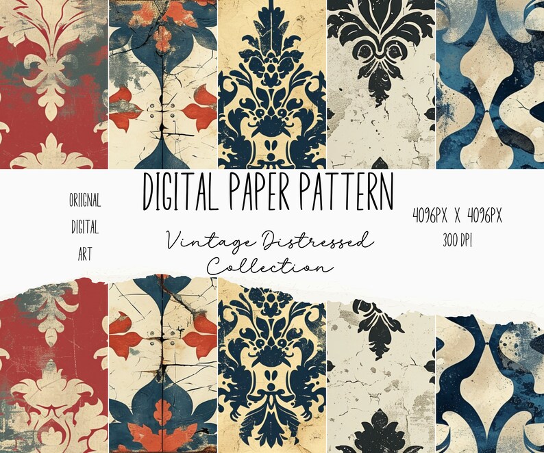 Vintage Distressed Digital Paper Set, Retro Pattern, Decoupage Papers ...