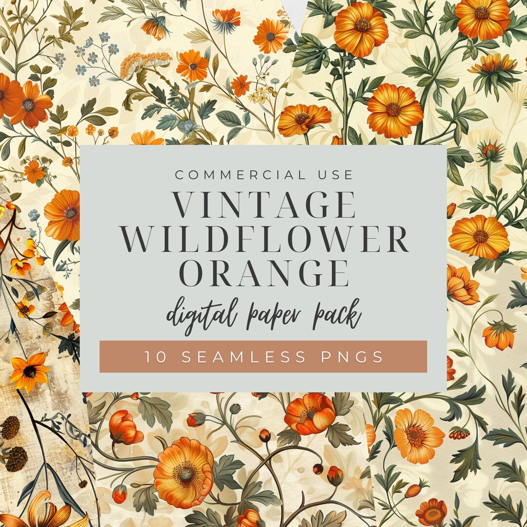 Vintage Orange Floral Digital Paper Set 19th Century Bundle Coquette ...