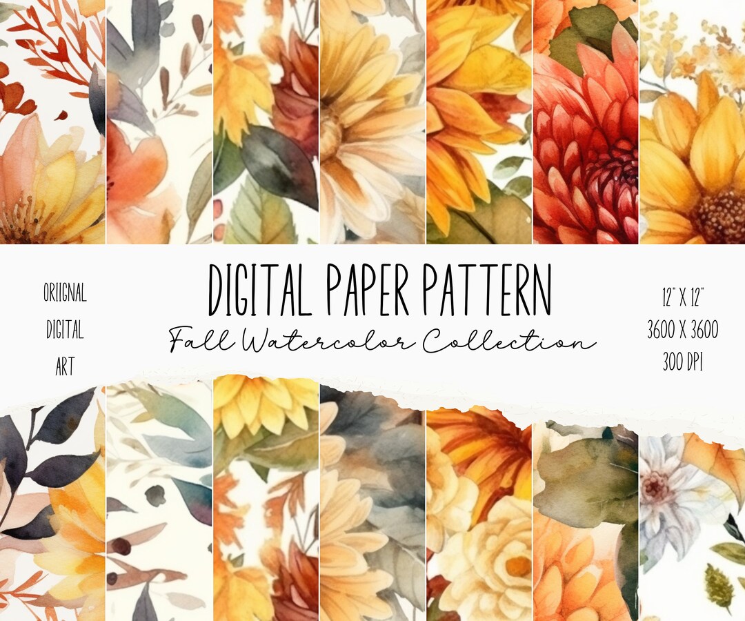 32 Fall Watercolor Digital Paper Set, Fall Flowers Pattern, Autumn ...