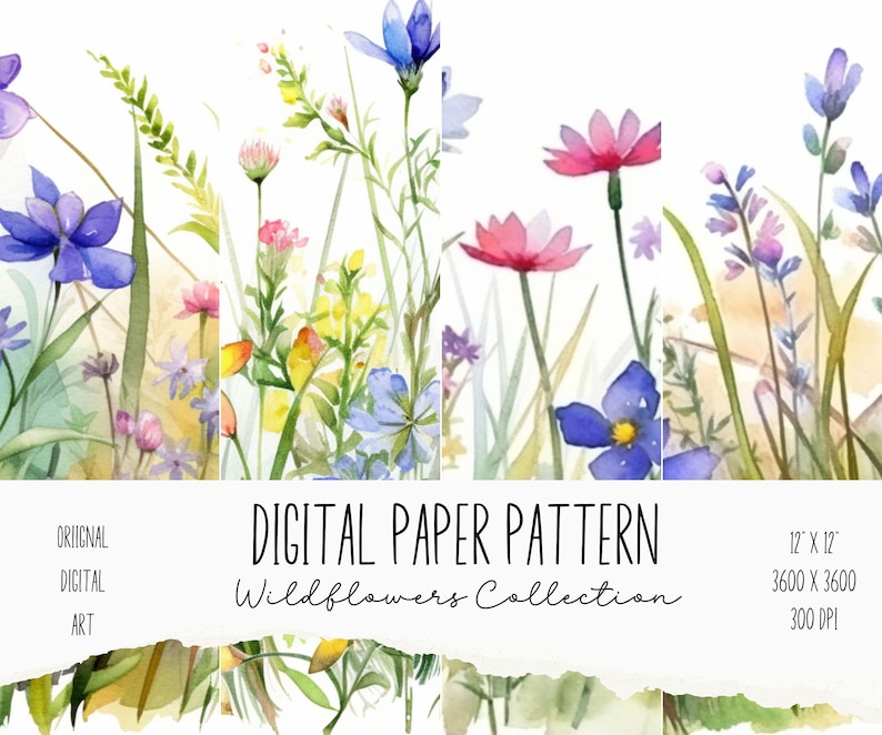 Wildflower Digital Paper Set Watercolor Flowers Pattern - Etsy