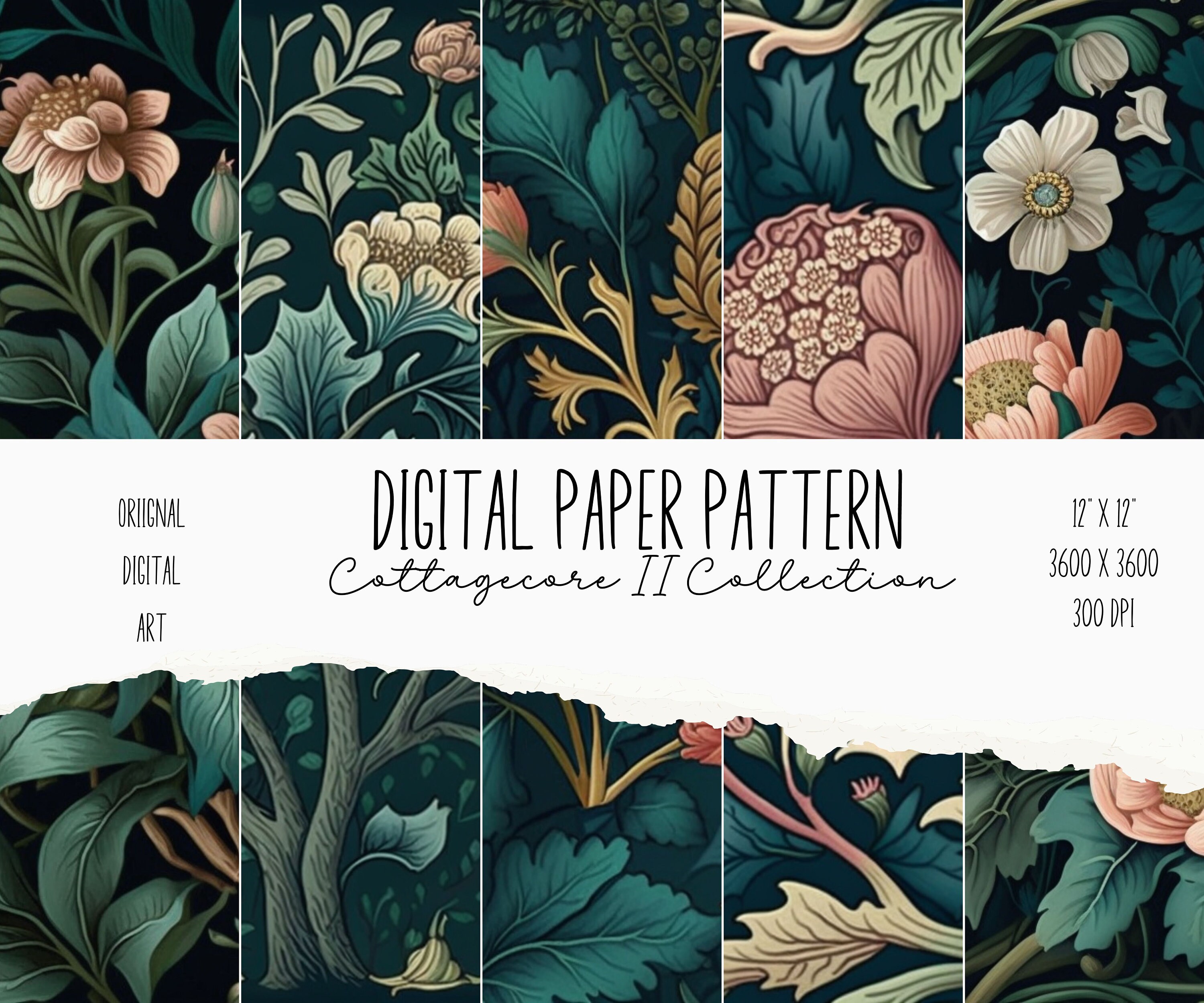 Cottagecore 2 Digital Paper Set, Forestcore Pattern, Botanical Floral ...