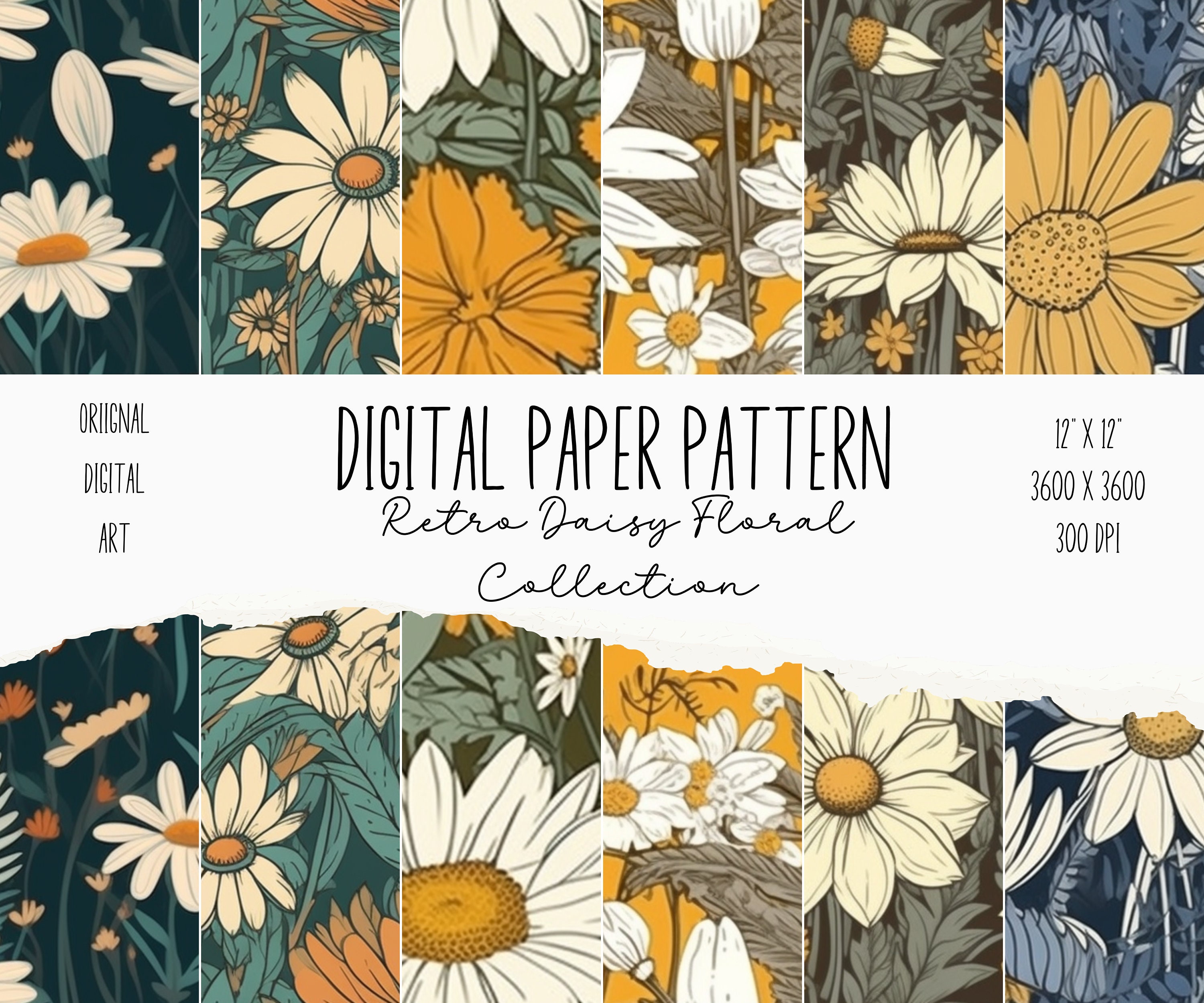 Retro Daisy Digital Paper, Boho Retro Daisy Digital Paper Pattern ...